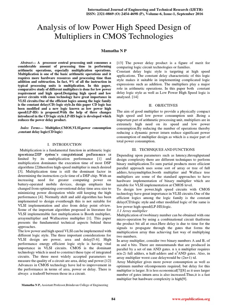 Analysis of Low Power High Speed Design of Multipliers in CMOS Technologies | PDF | Cmos ...