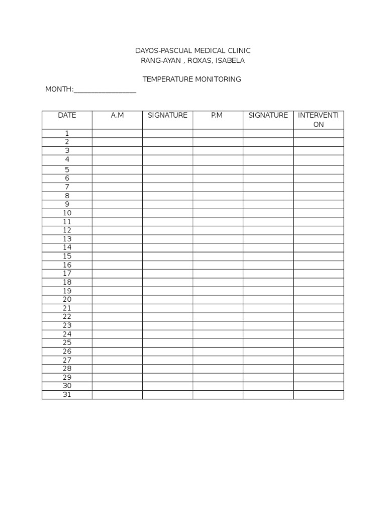 Clinic Temperature Log Sheet | PDF