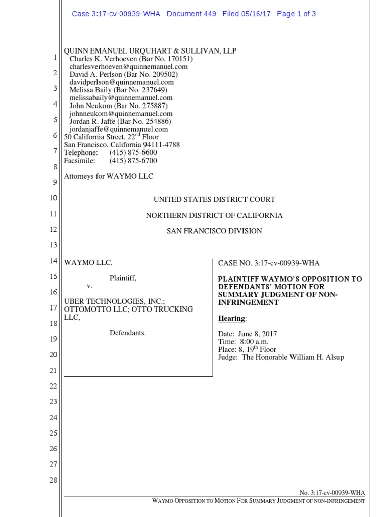 Waymo's Opposition To Uber's Motion For Summary Judgement of Non ...