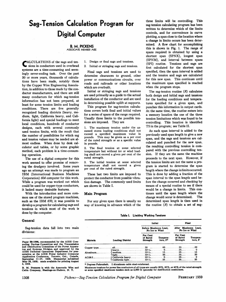 1959-Sag-Tension Calculation Program For Digital Computer by Pickens ...