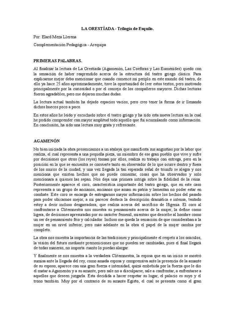 Trabajo # 01 - La Orestiada | PDF | Oresteia | Agitación