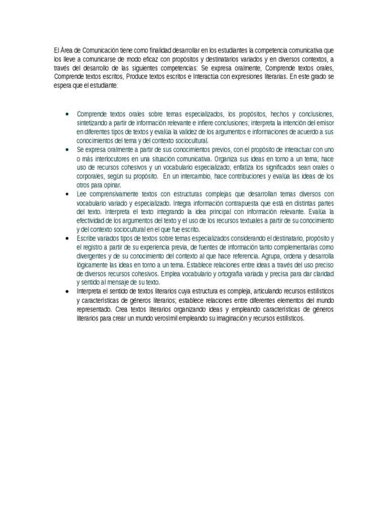 El Área de Comunicación Tiene Como Finalidad Desarrollar en Los ...