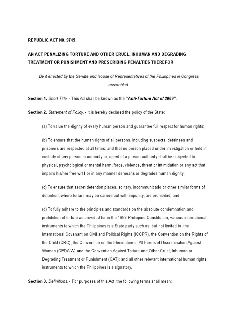 Republic Act n0 9745 | PDF | Torture | Solitary Confinement