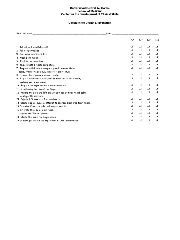 Breast Examination Checklist for Students | PDF | Women's Health ...
