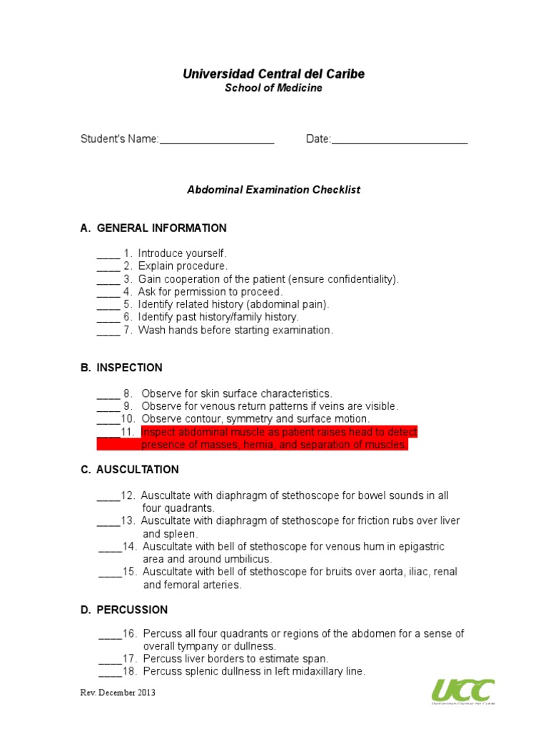 Abdominal Examination Checklist (2013) | PDF | Abdomen | Human Anatomy