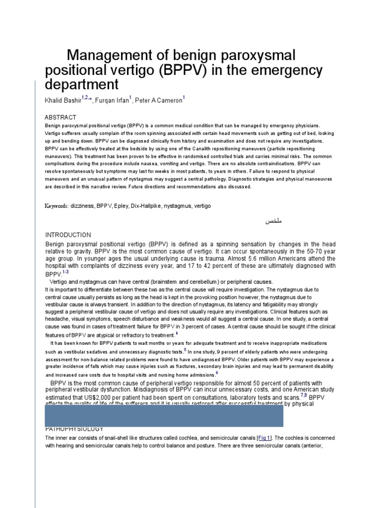 Management of Benign Paroxysmal Positional Vertigo (BPPV) in The ...