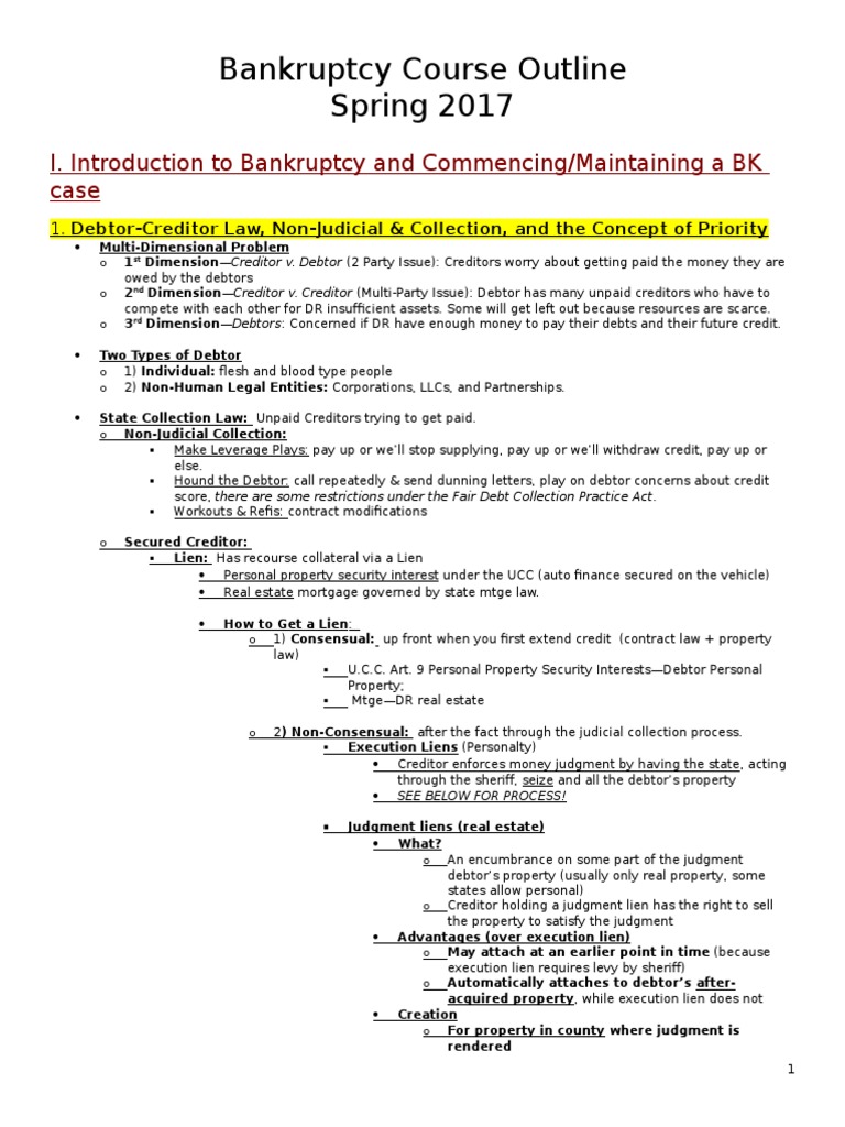 Bankruptcy Outline | PDF | Collection Agency | Chapter 7