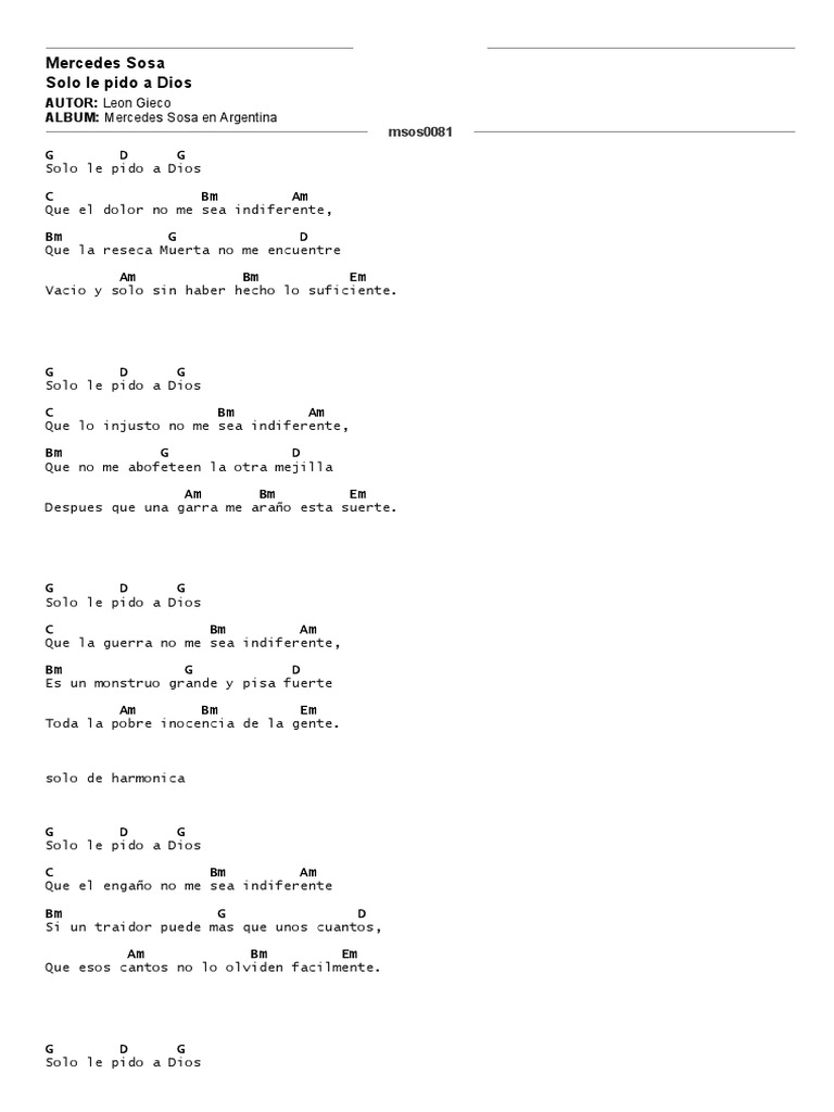 Acordes y letra de "Solo le pido a Dios" | PDF