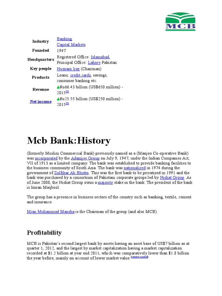 MCB Bank:History: Profitability | PDF | Economies | Financial Services