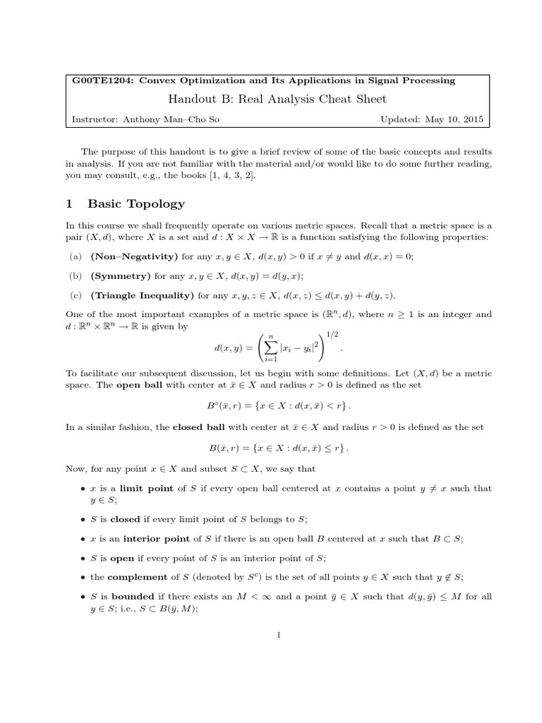 Real Analysis Cheat Sheet Overview | PDF | Continuous Function | Geometry