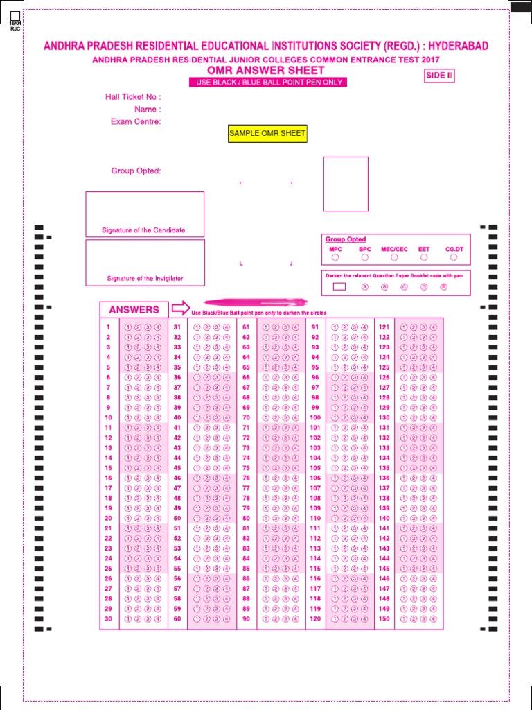 Aprjc Cet 2017 Sample Omr Sheet | PDF