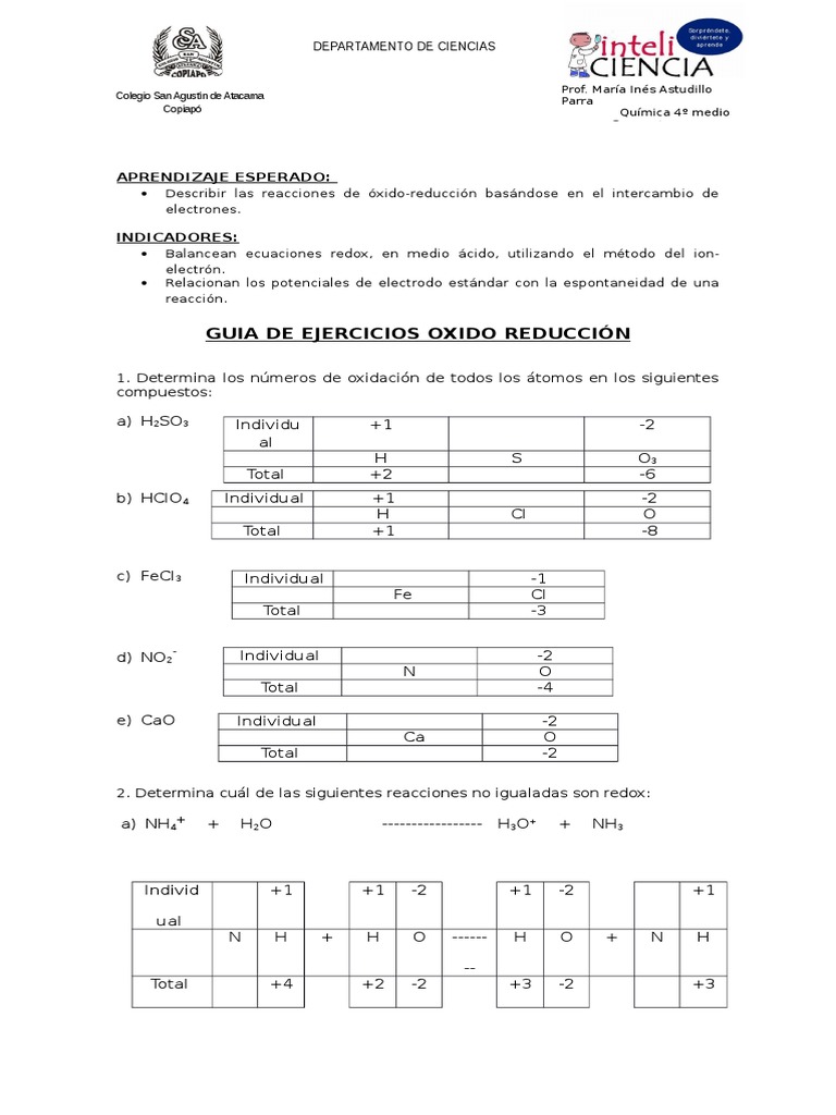 Clase1 Guia Ejercicios Oxido Reducción para Hacer | PDF | Redox | Reacciones químicas