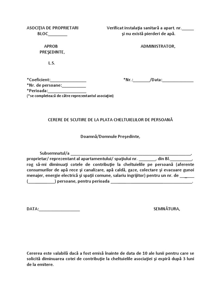 Cerere Scutire Plata Intretinere
