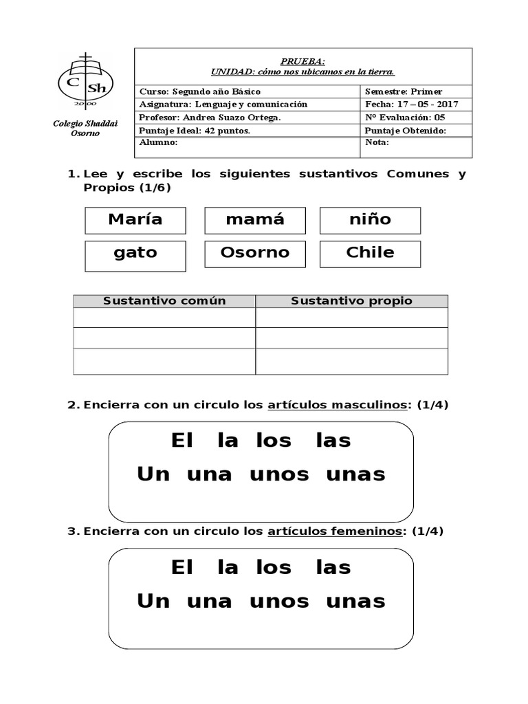 Prueba Sustantivos Segundo