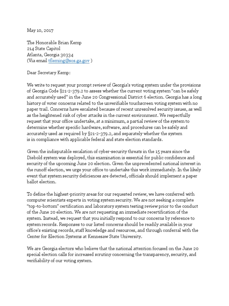 05.10.2017 Citizens' Letter To SOS Kemp Re: Voting System Reexamination ...