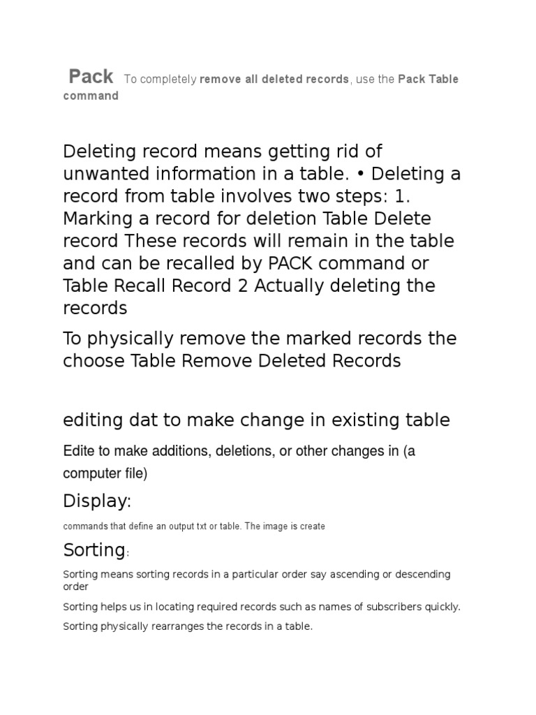 Remove All Deleted Records Pack Table Command: To Completely, Use The ...