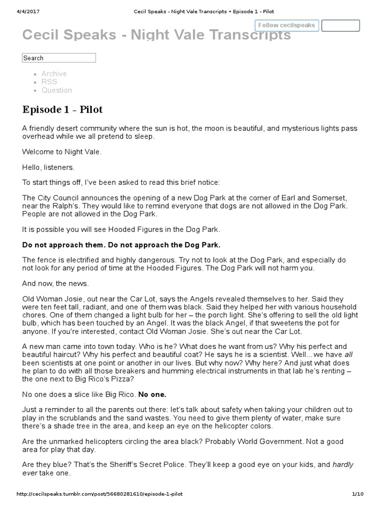 Cecil Speaks - Night Vale Transcripts - Episode 1 - Pilot | PDF | Nature