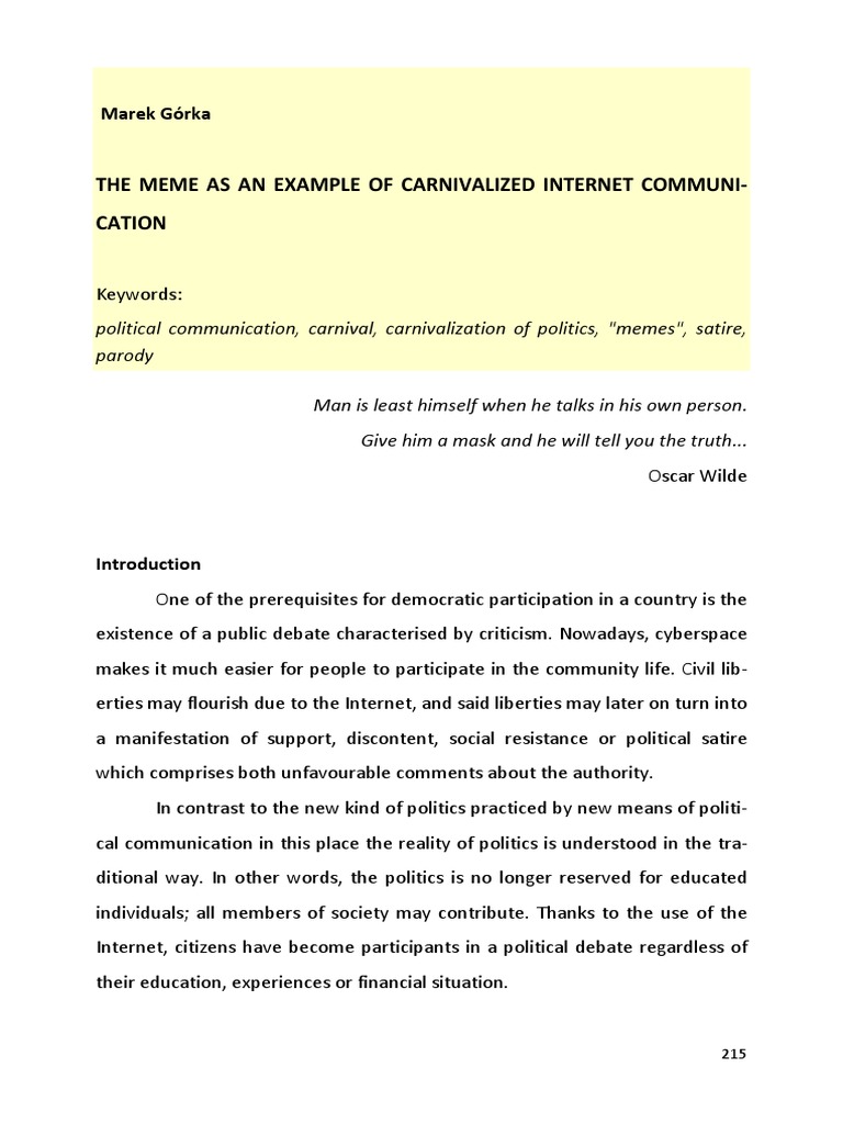 Gorka M. The Meme As An Example of Carnivalized Internet Communication ...