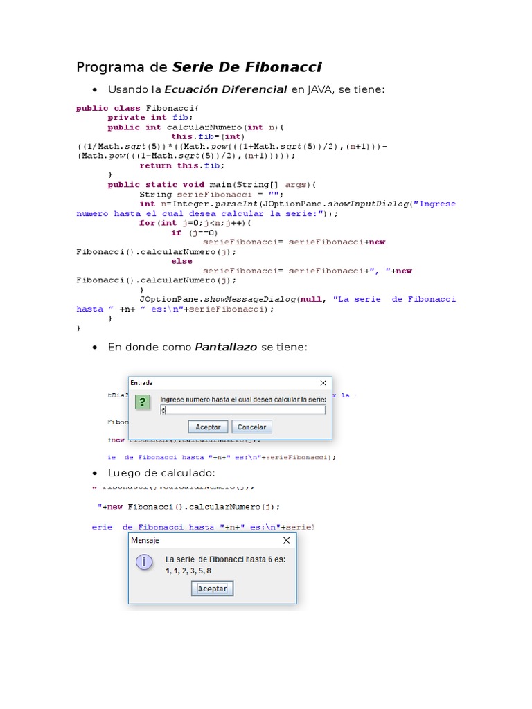 Serie Fibonacci en Java: Cálculo Eficiente | PDF | Análisis matemático ...