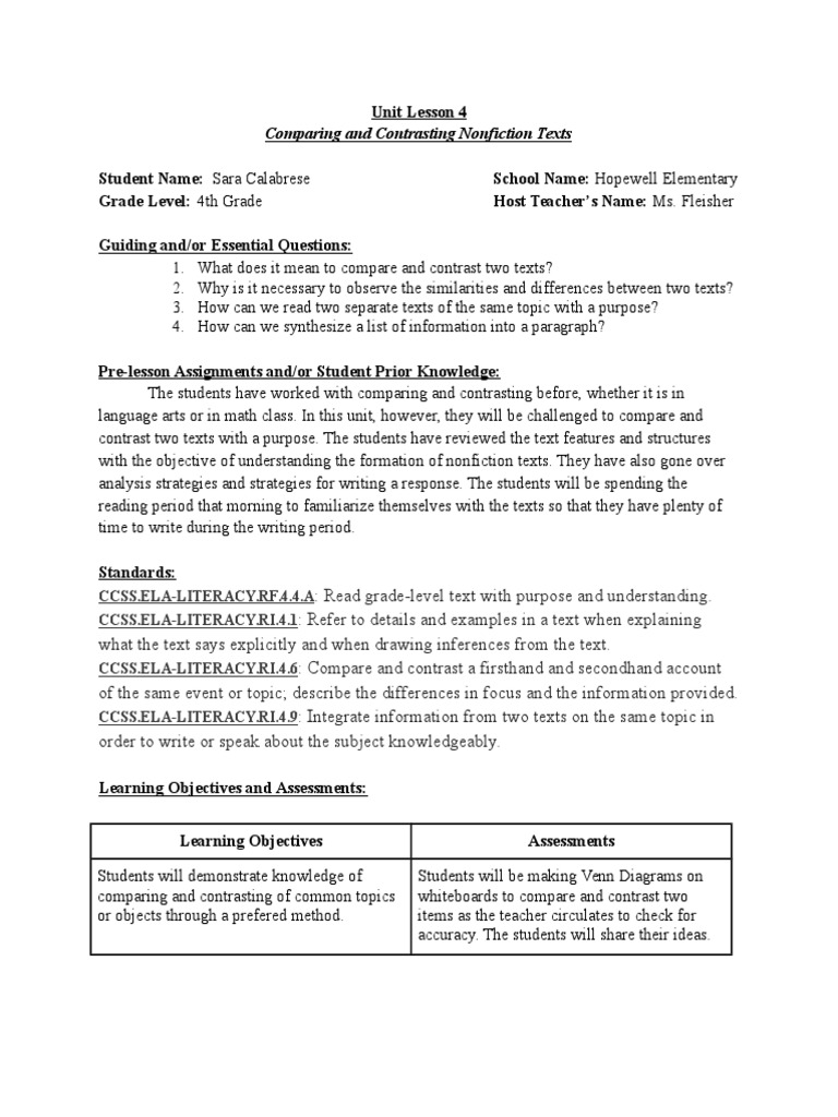 Comparing and Contrasting Nonfiction Texts | PDF | Educational ...