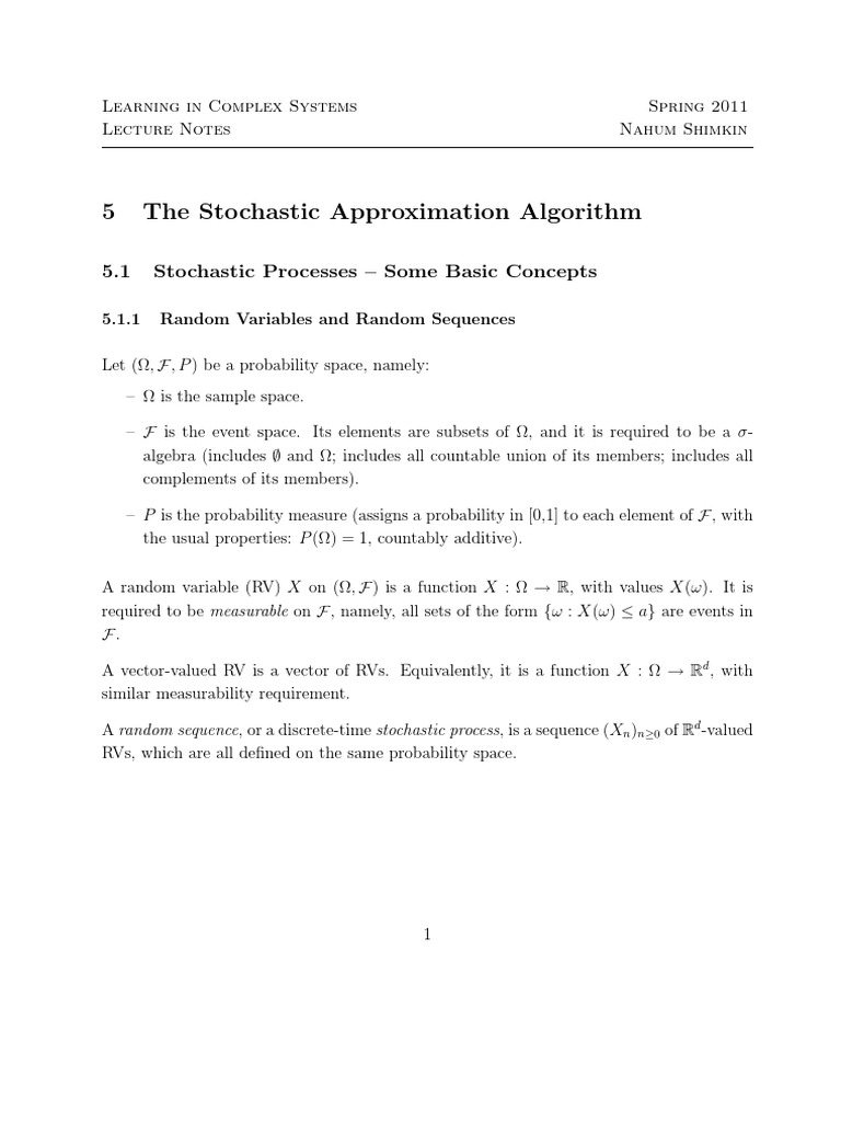 5 The Stochastic Approximation Algorithm: 5.1 Stochastic Processes - Some Basic Concepts | PDF ...