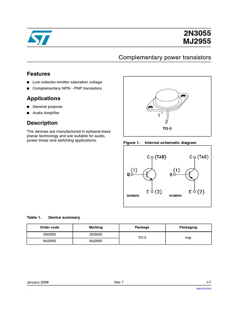 2N3055 | PDF | Bipolar Junction Transistor | Electronics