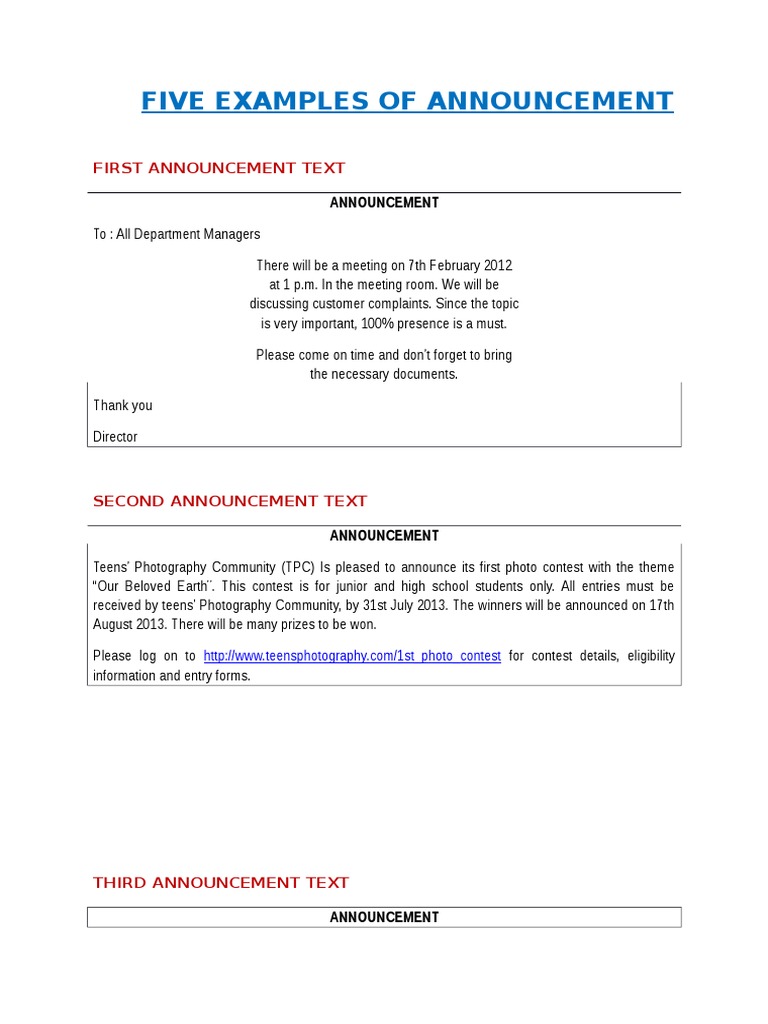 5 Examples of Announcement | PDF