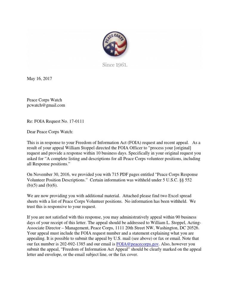 FOIA Response Letter Peace Corps In Country Worker Positions ...