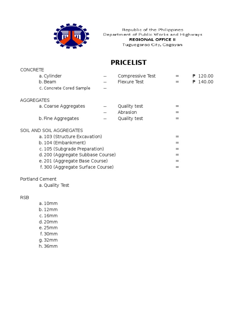 Pricelist: Concrete Cored Sample | PDF