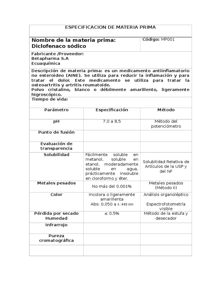 Especificacion de Materia Prima Aseguramiento de Calidad 1 | PDF ...
