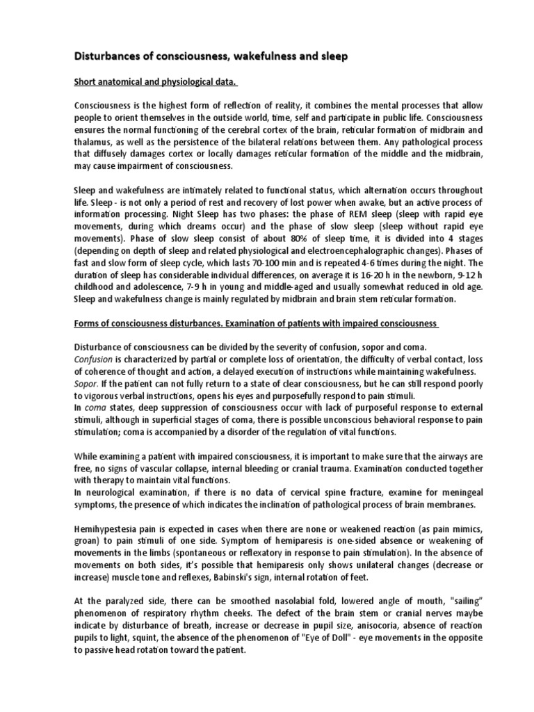 Disturbances of Consciousness, Wakefulness and Sleep | PDF | Sleep | Coma