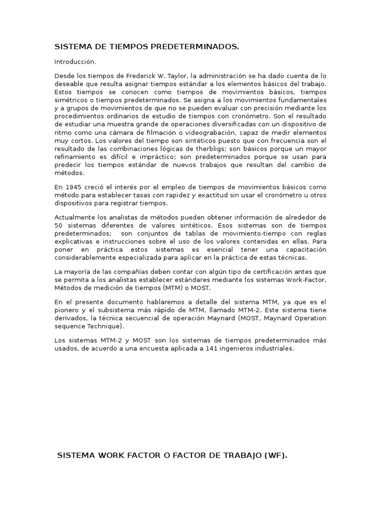 Sistema De Tiempos Predeterminados Y Work Factor Pdf Pie Mano