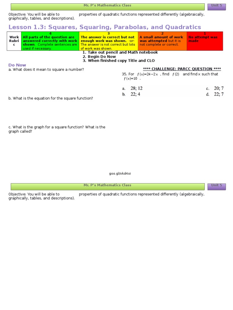 Alg 1 - Lesson 1.3 - Unit 5 | PDF | Function (Mathematics) | Mathematical Analysis