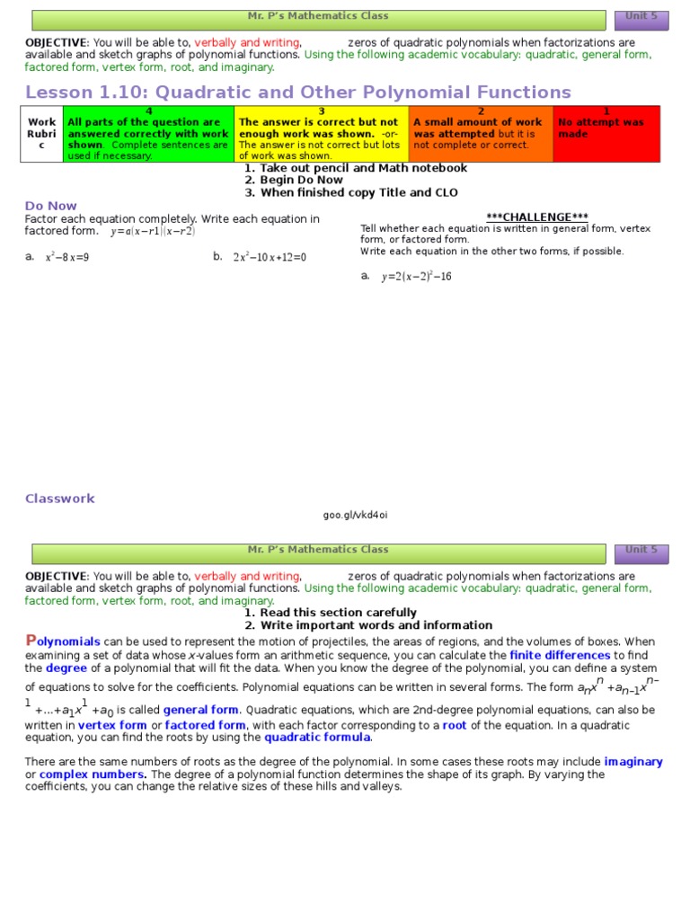 Alg 2 - Lesson 1.10 - Unit 5 | PDF | Quadratic Equation | Polynomial