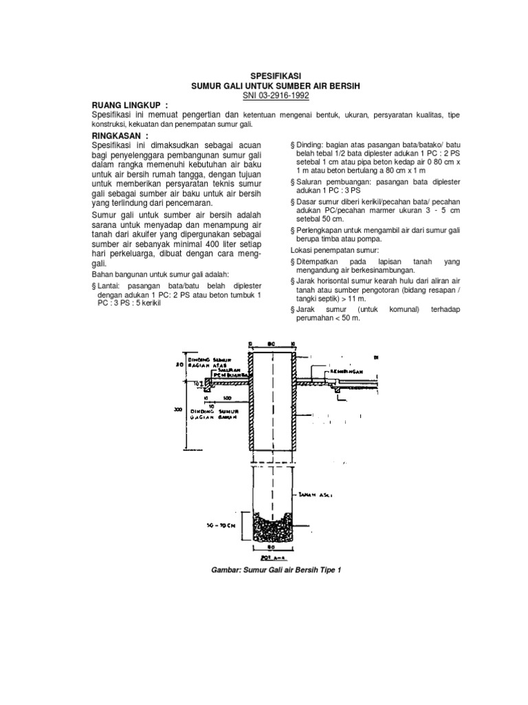 Sni 03-2916-1992 Spesifikasi Sumur Gali Untuk Sumber Air Bersih PDF | PDF