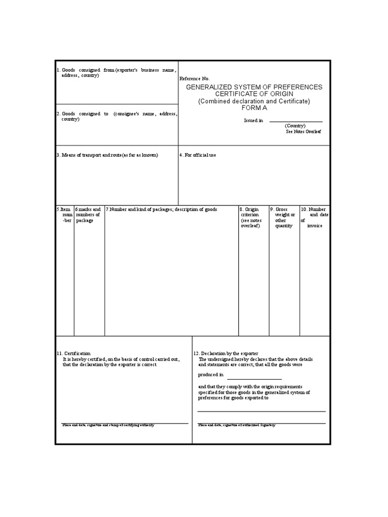Generalized System of Preferences Certificate of Origin (Combined ...
