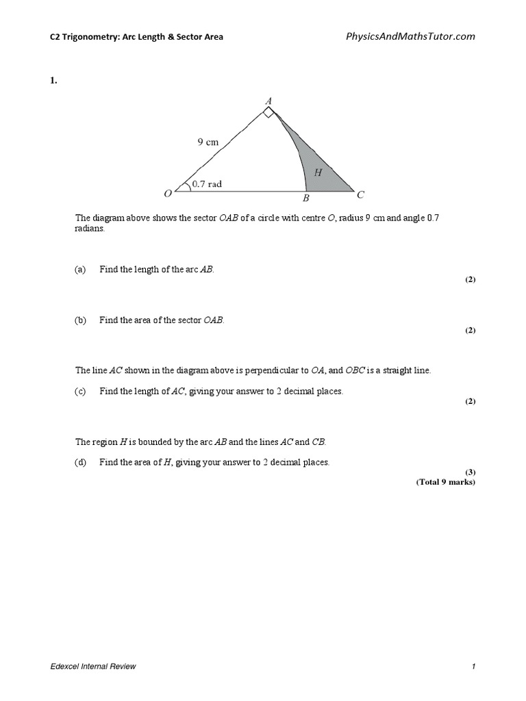 C2 Trigonometry - Arc Length and Sector Area | PDF | Trigonometry | Angle