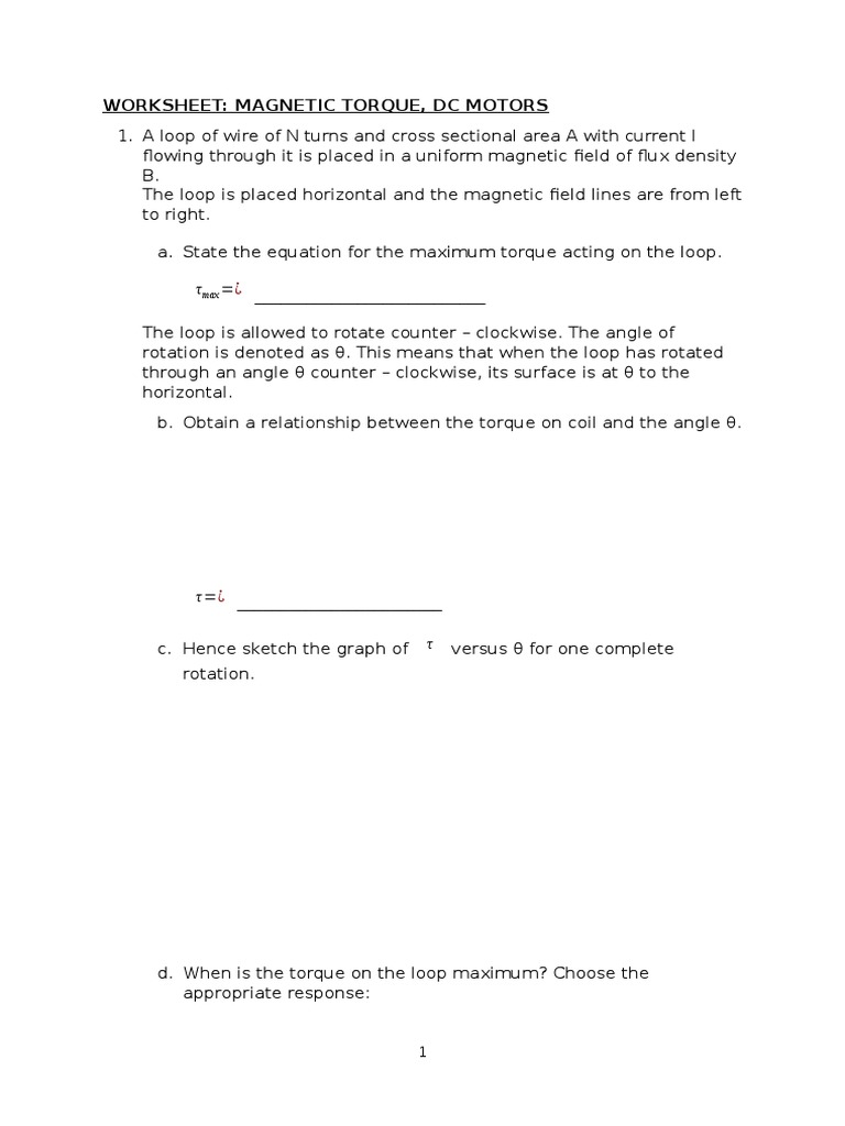 Worksheet - Magnetic Torque | PDF | Magnetic Field | Torque