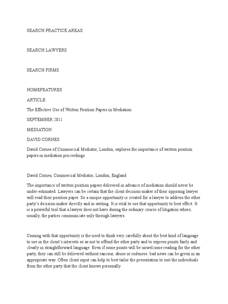 The Effective Use of Written Position Papers in Mediation | PDF | Costs ...