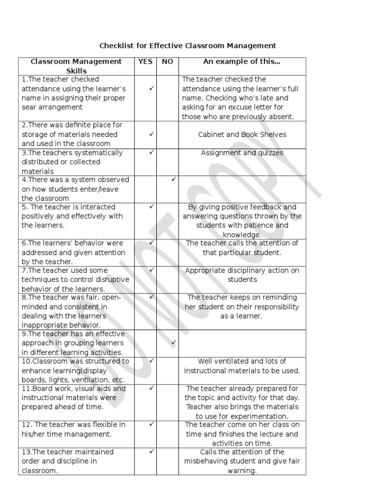 Checklist For Effective Classroom Management | PDF | Classroom ...