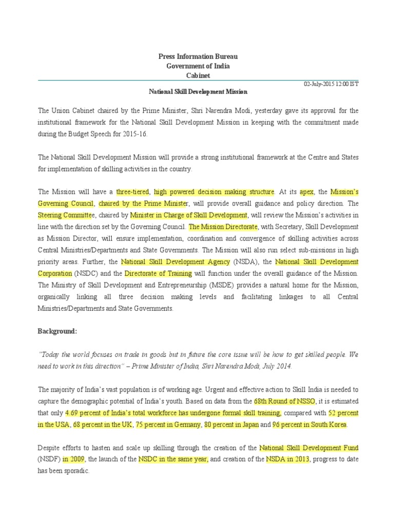National Skill Development Mission | Download Free PDF | Government Of ...