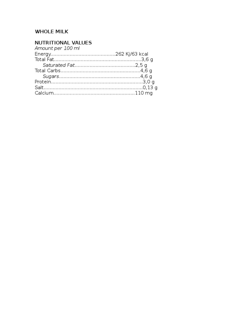 Amount Per 100 ML: Whole Milk Nutritional Values | PDF