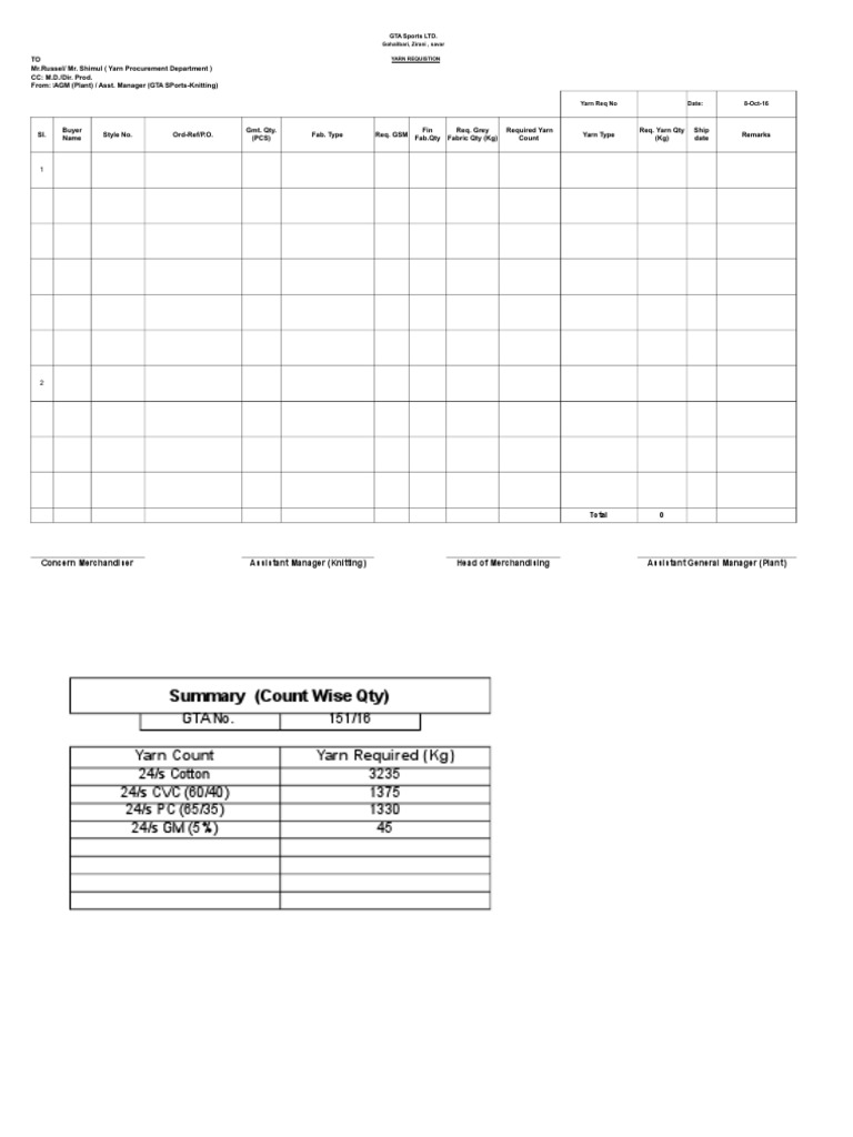 Yarn Requisition for GTA Sports Ltd. | PDF