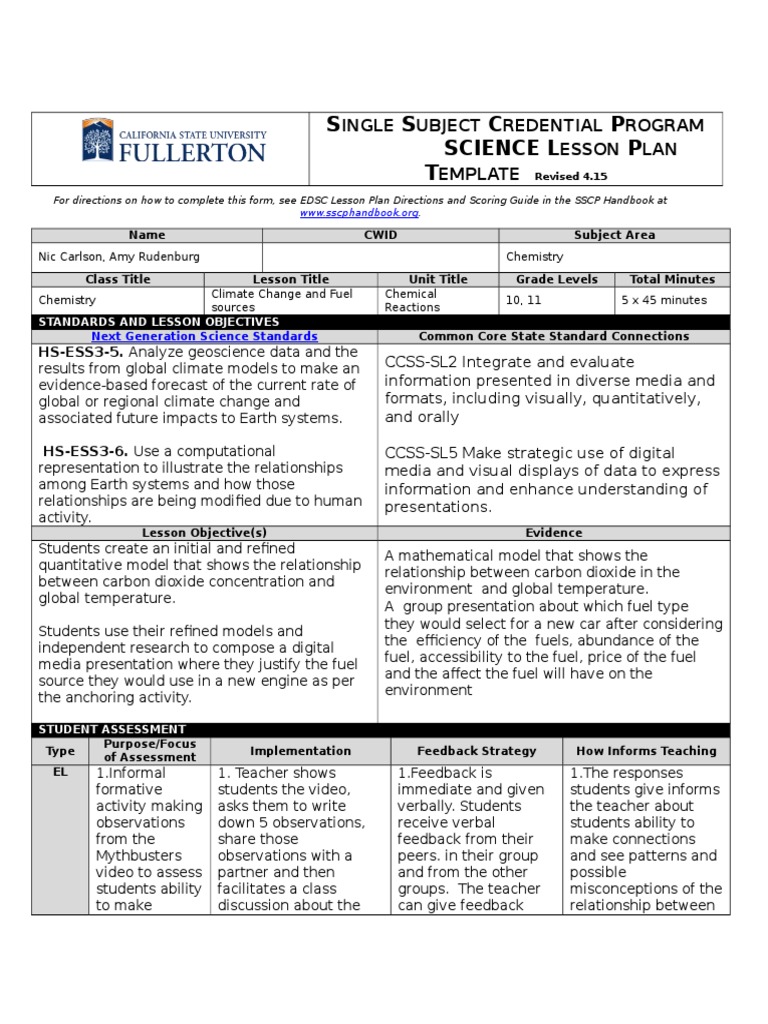 Chemistry Lesson Plan on Climate Change | PDF | Educational Assessment ...