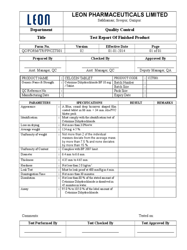 1-Test Report of Celozin Tablet Ok | PDF | Tablet (Pharmacy) | Industries