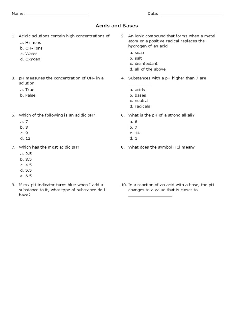 Acids and Bases (Grade 9) - Free Printable Tests and Worksheets ...