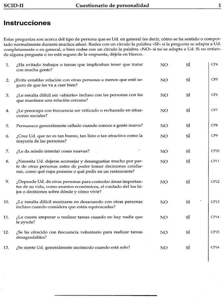 SCID-II Cuestionario de personalidad