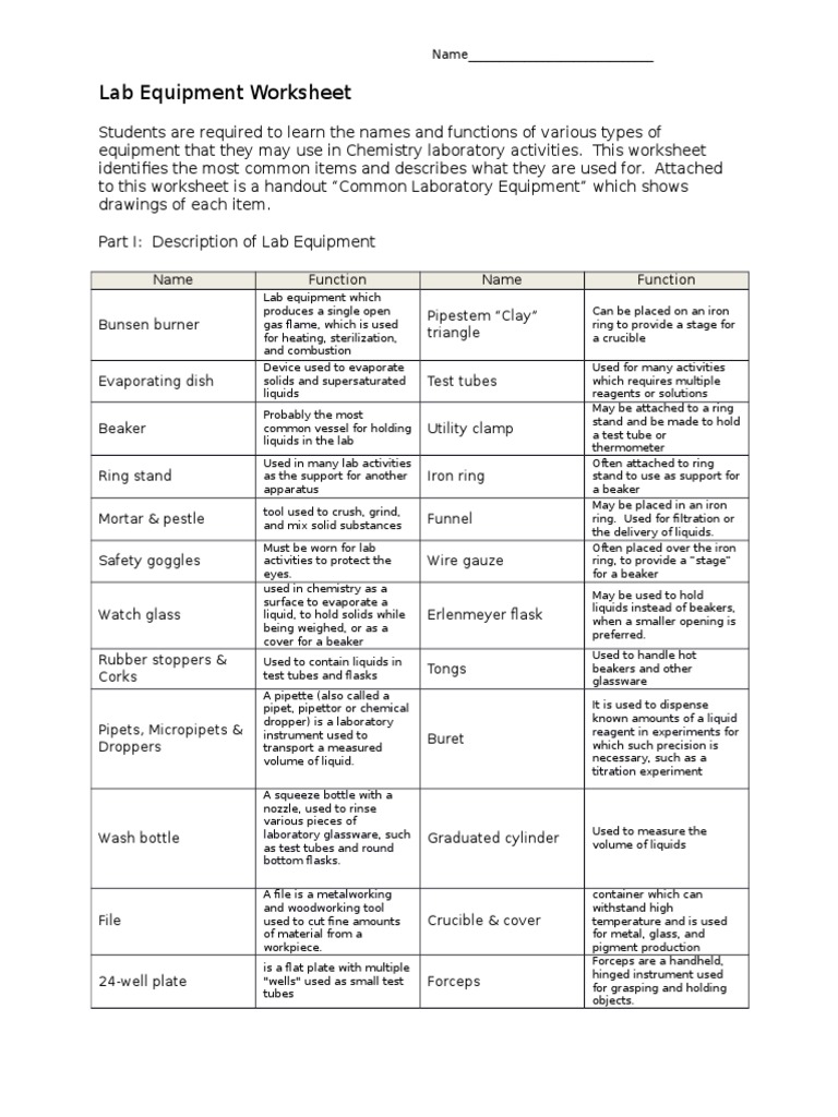 Lab Equipment Identification Worksheet | PDF | Weighing Scale | Chemistry