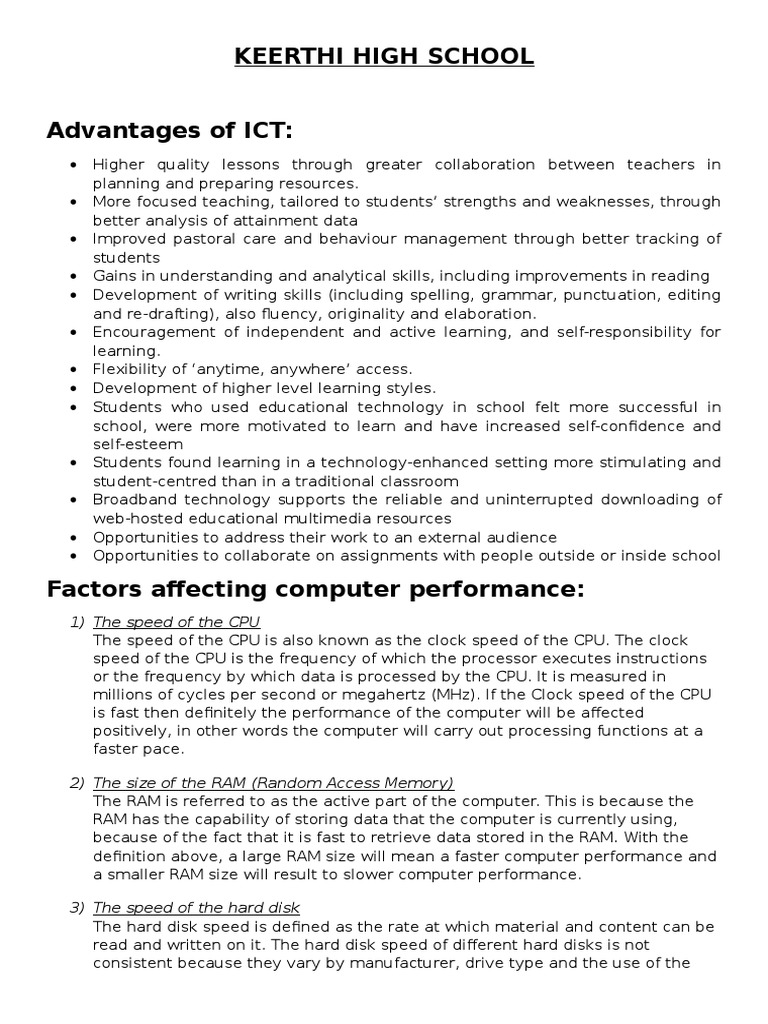 Keerthi High School Advantages of ICT:: 1) The Speed of The CPU | PDF | Random Access Memory ...