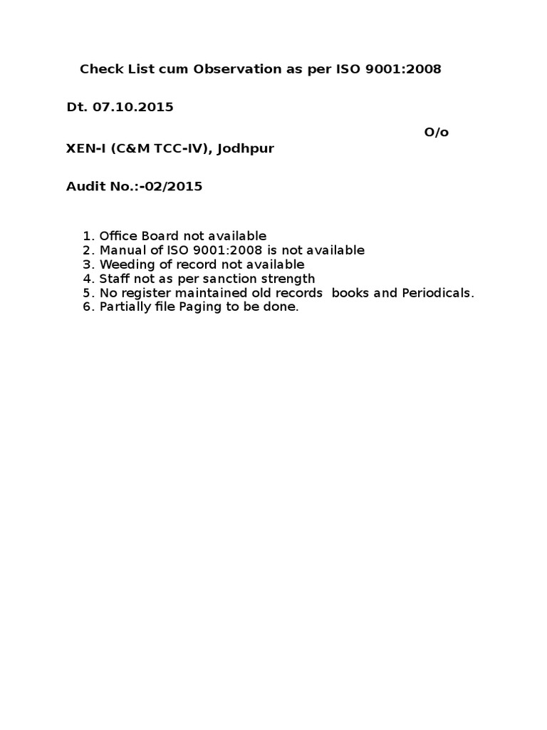ISO 9001:2008 Audit Observations | PDF | Finance & Money Management
